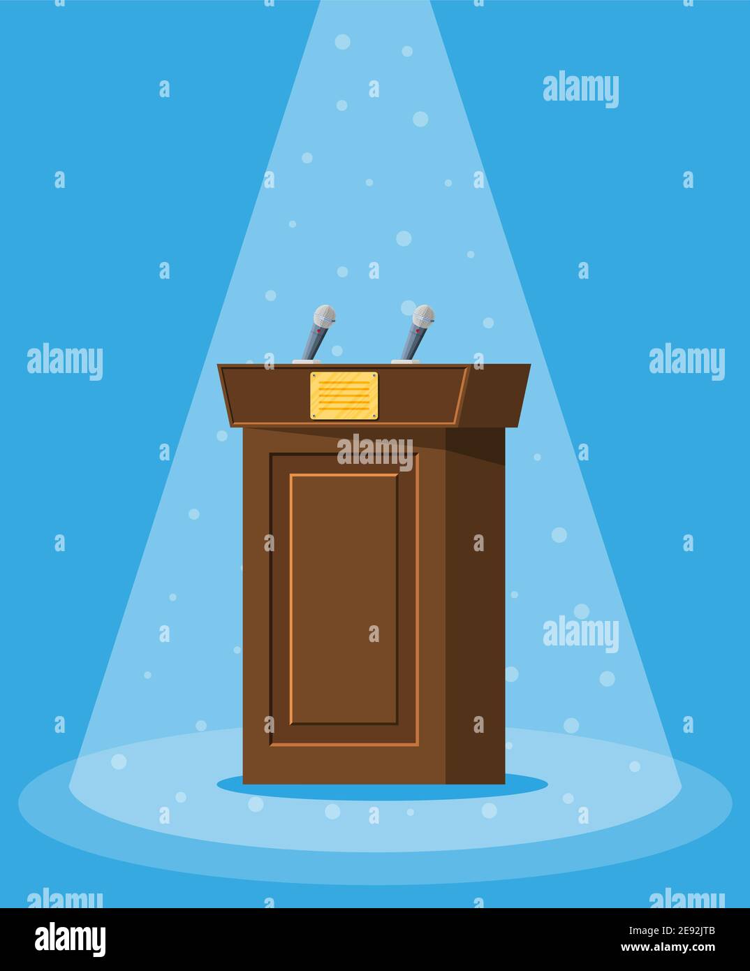 Brown wooden rostrum with microphones for presentation. Stand, podium ...