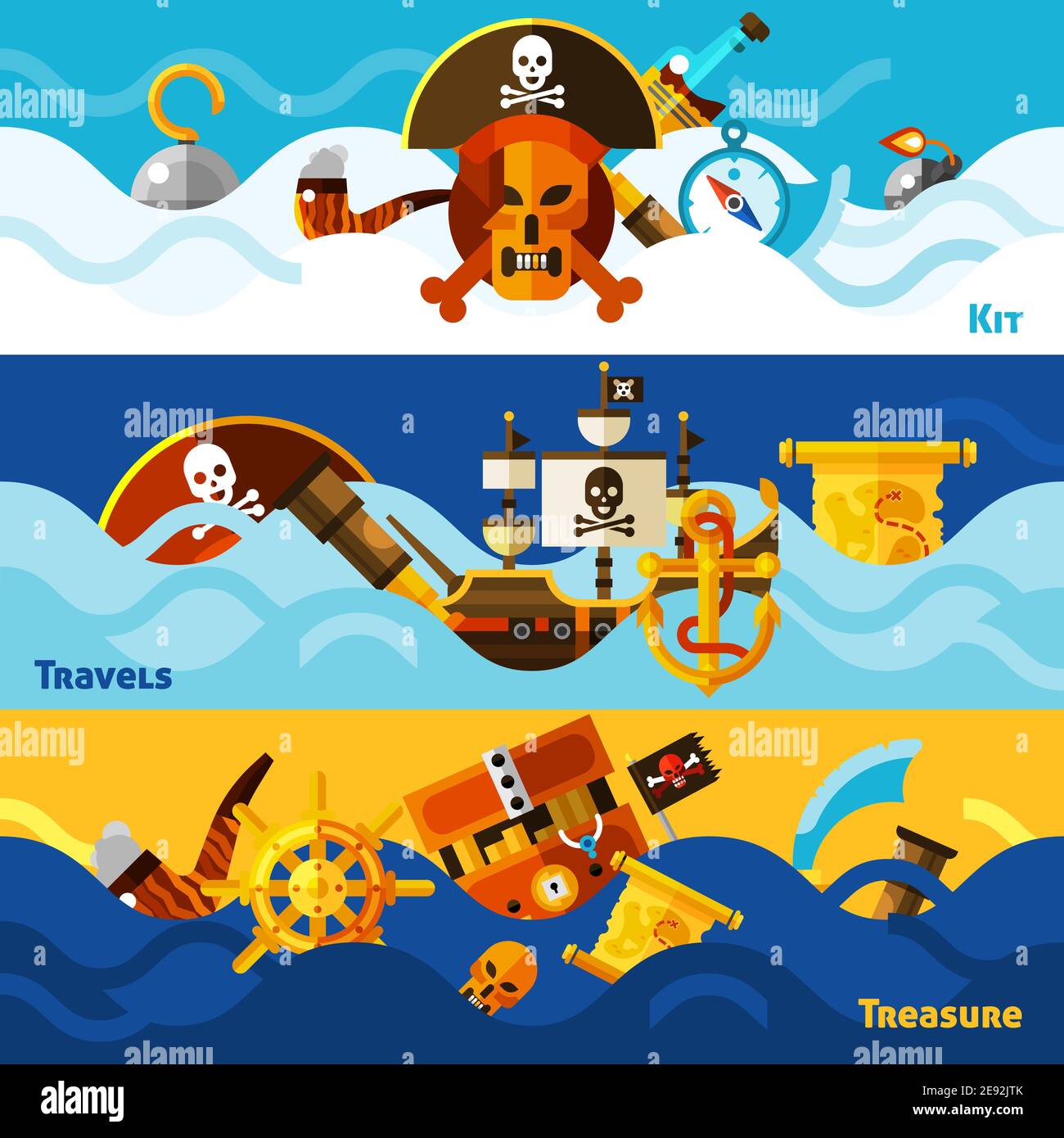 Pirates flat horizontal banners set with icons of kit for nautical ...