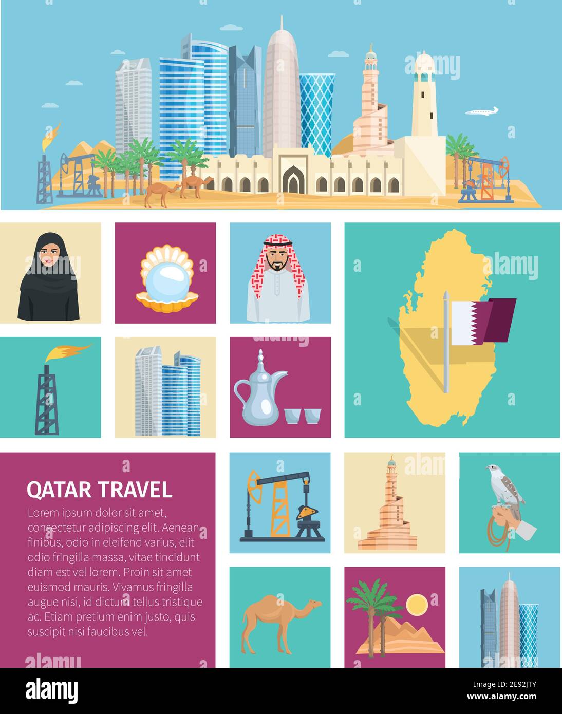 Qatar culture flat icon set with traditional objects symbols and nature ...