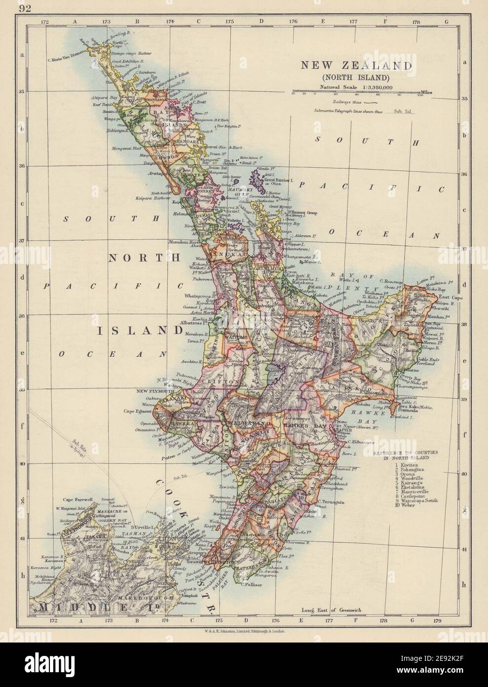 NORTH ISLAND NEW ZEALAND. Showing counties telegraph cables. JOHNSTON ...