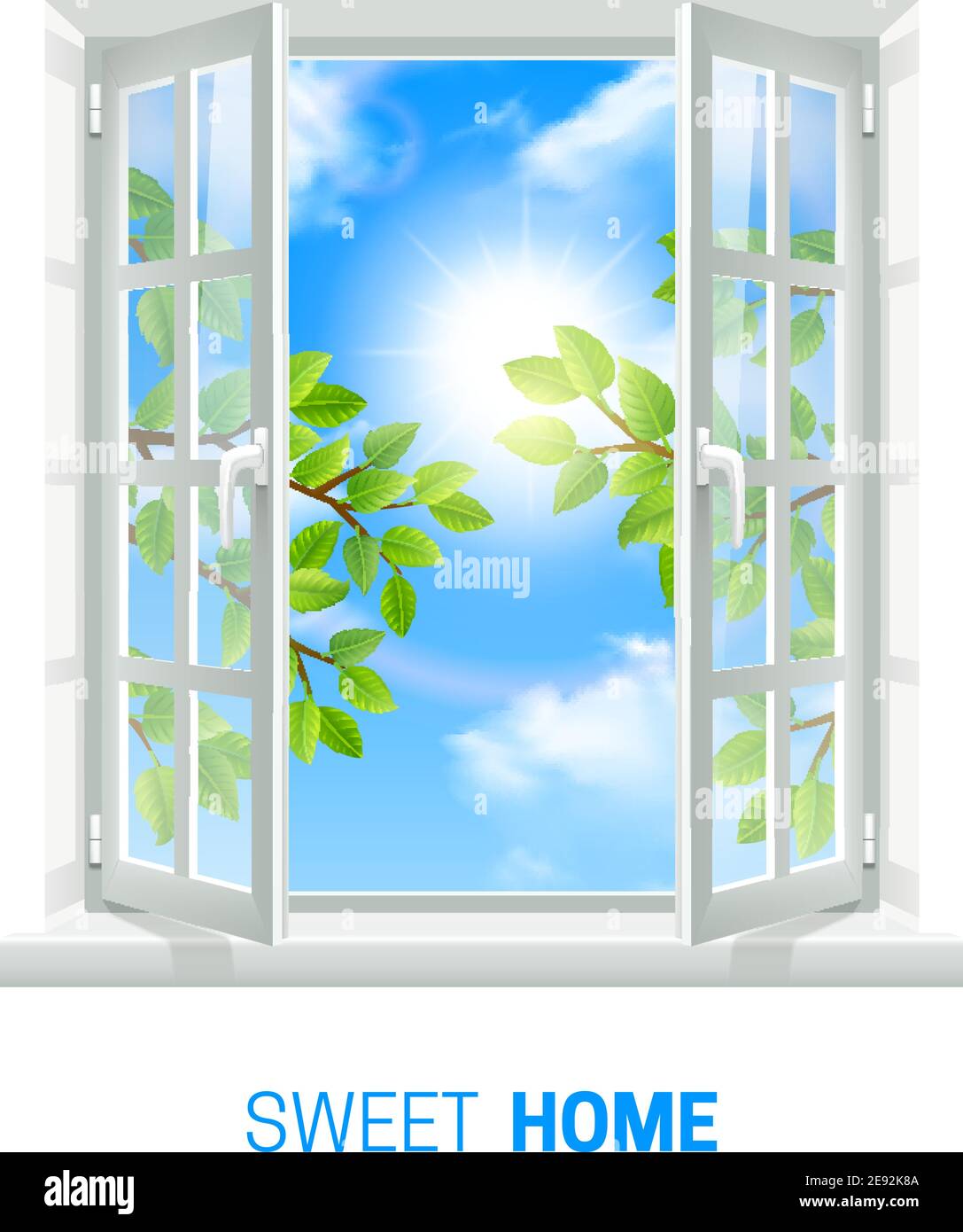 Open white window on bright sunny day realistic indoor view icon with ...