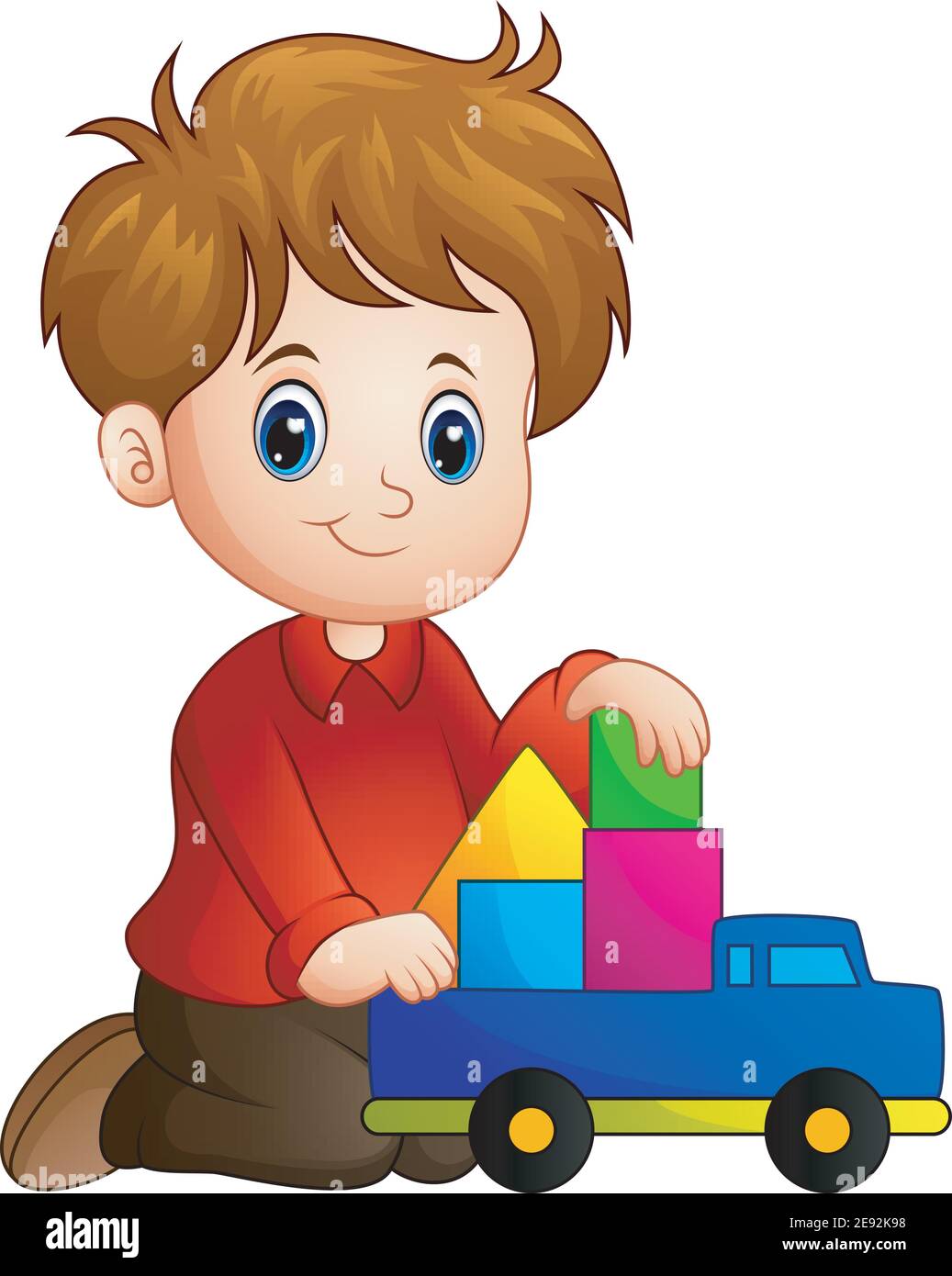 Vector illustration of Little boy build a house out of blocks with toy ...