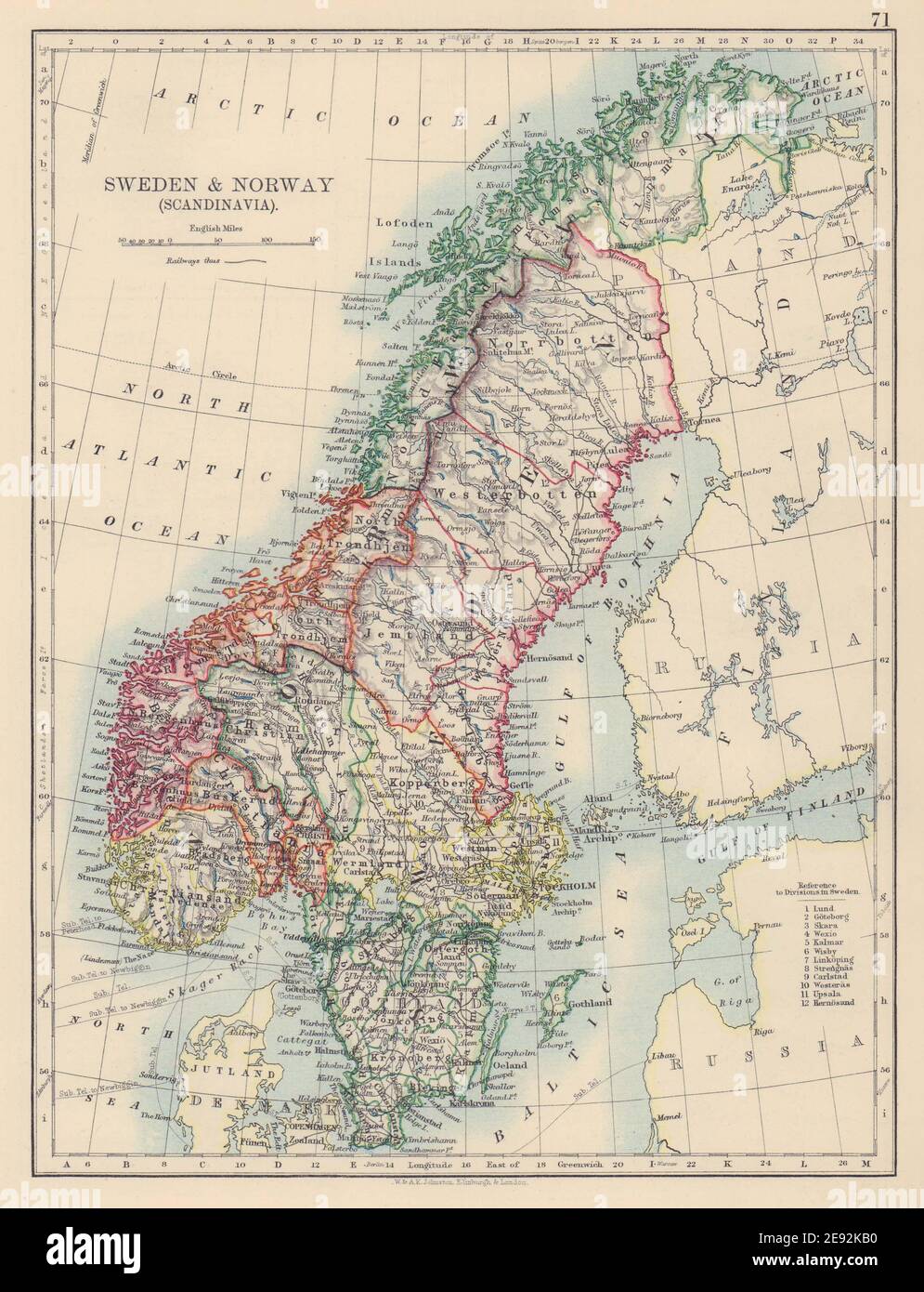 SCANDINAVIA Sweden Norway. Railways Undersea Telegraph cables. JOHNSTON ...