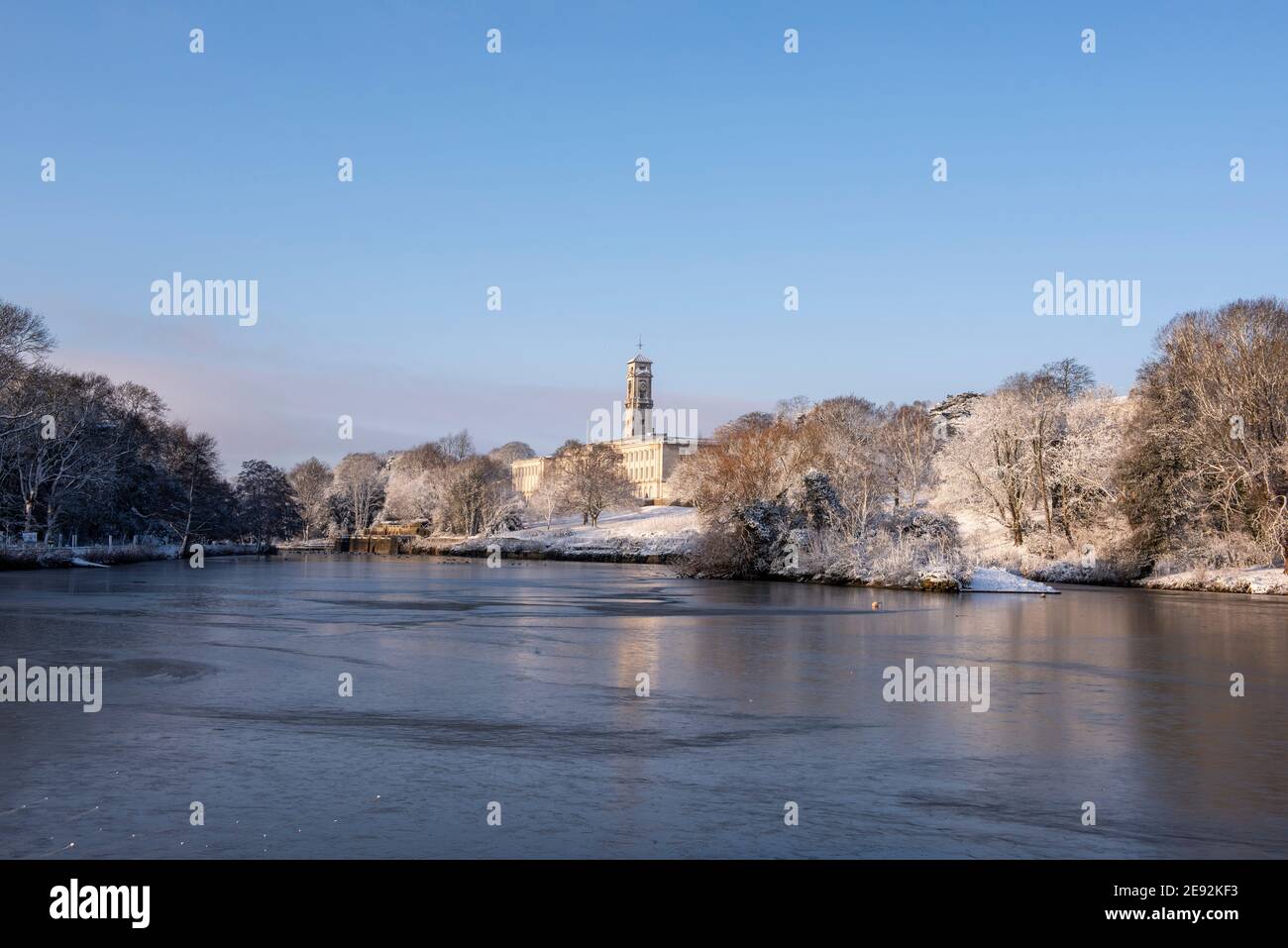 Crisp winter morning at Highfields University Park, covered in snow ...