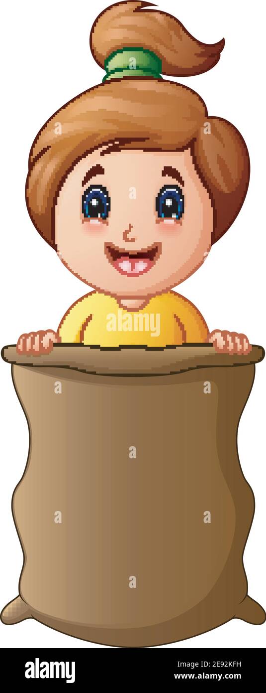 Vector illustration of Little girl playing jumping sack race Stock ...