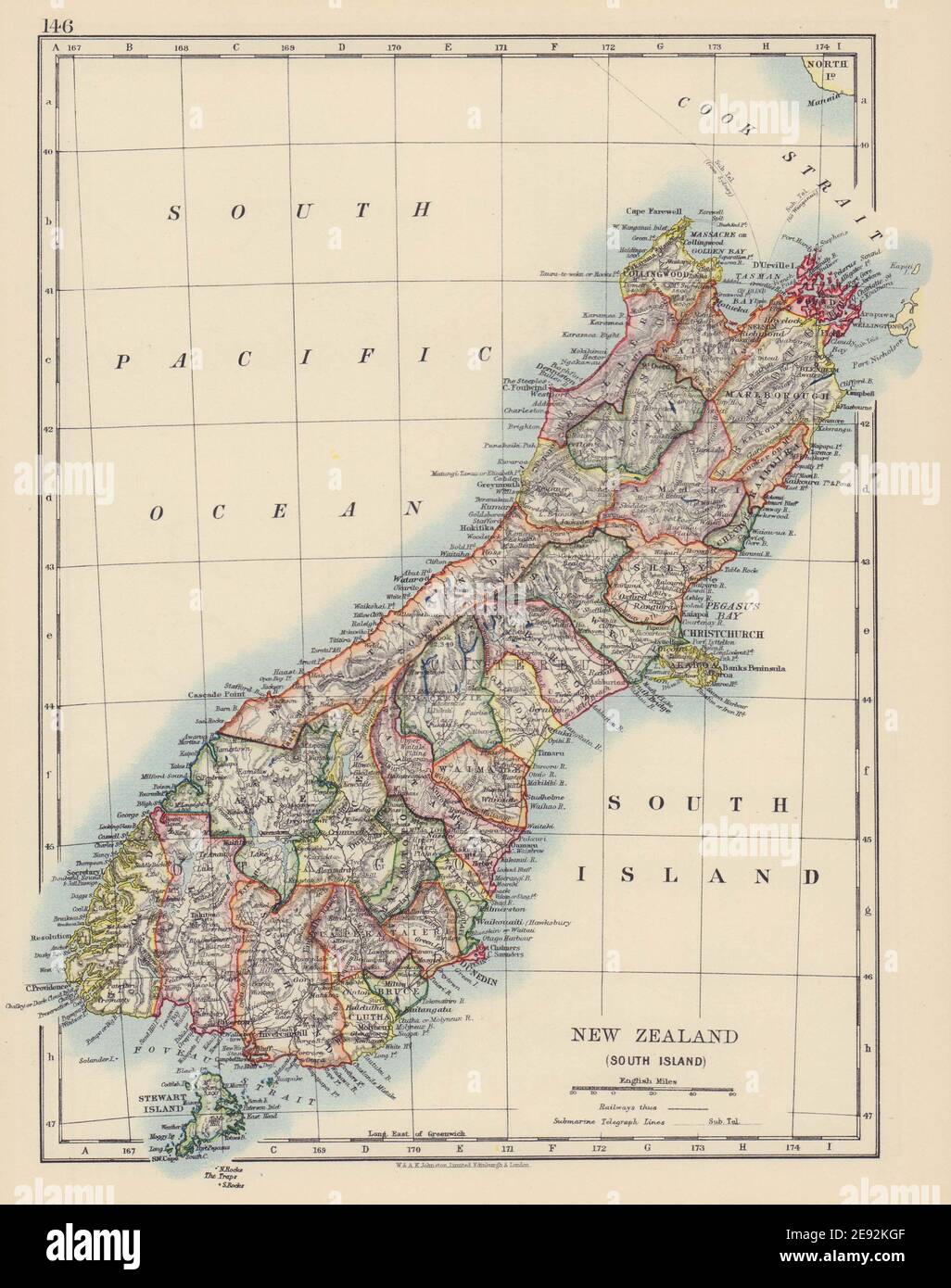 SOUTH ISLAND NEW ZEALAND. Showing counties. Telegraph cables. JOHNSTON ...
