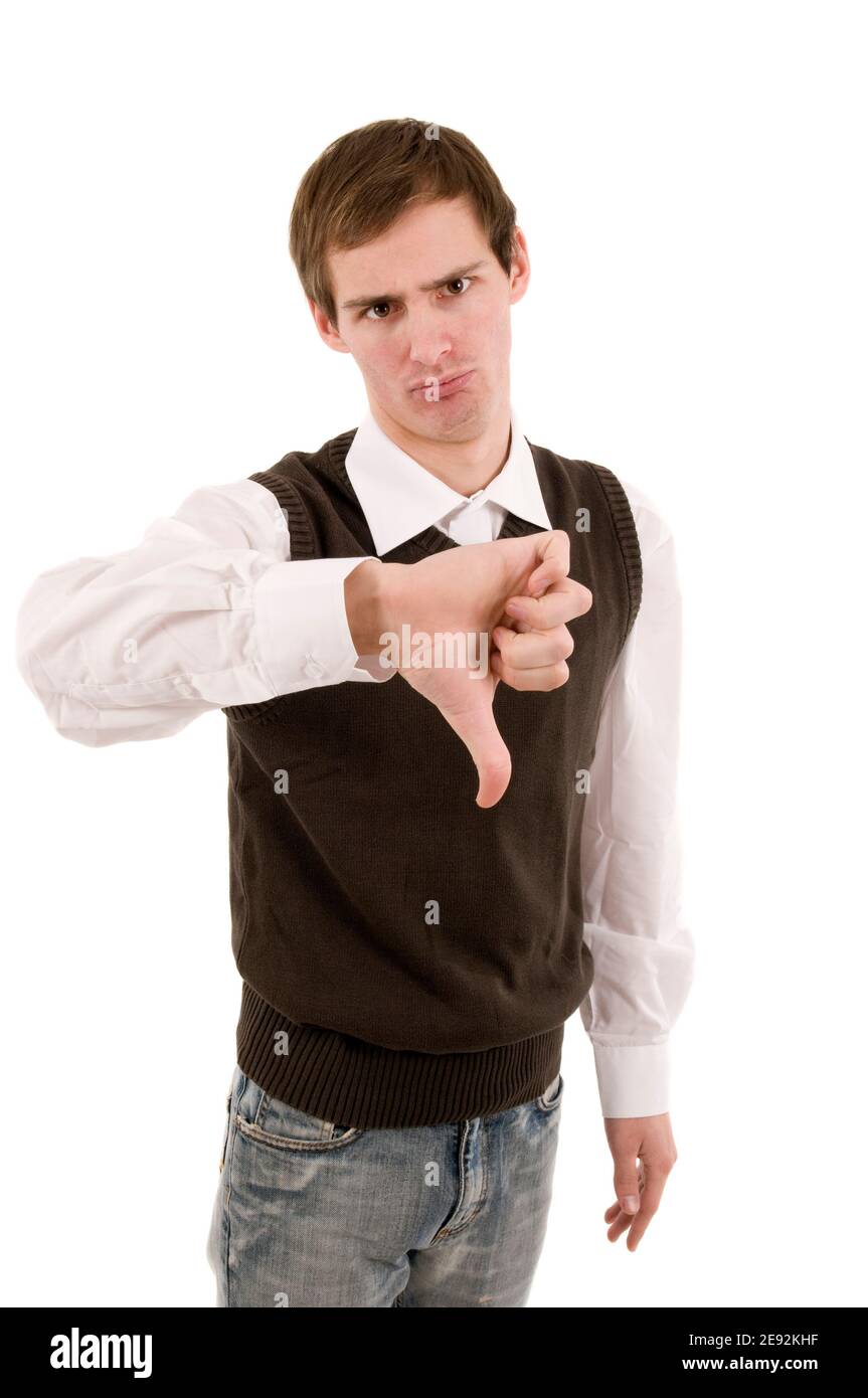 Frontal torso shot of a young man showing the thumb of his right hand ...