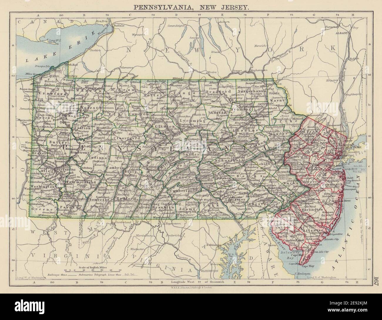 US MID ATLANTIC STATES. Pennsylvania & New Jersey. Counties railroads ...