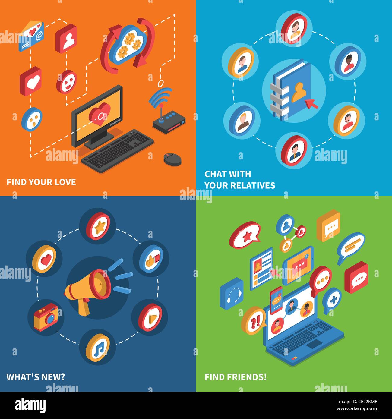 Isometric icon set with different variants of activity in social ...