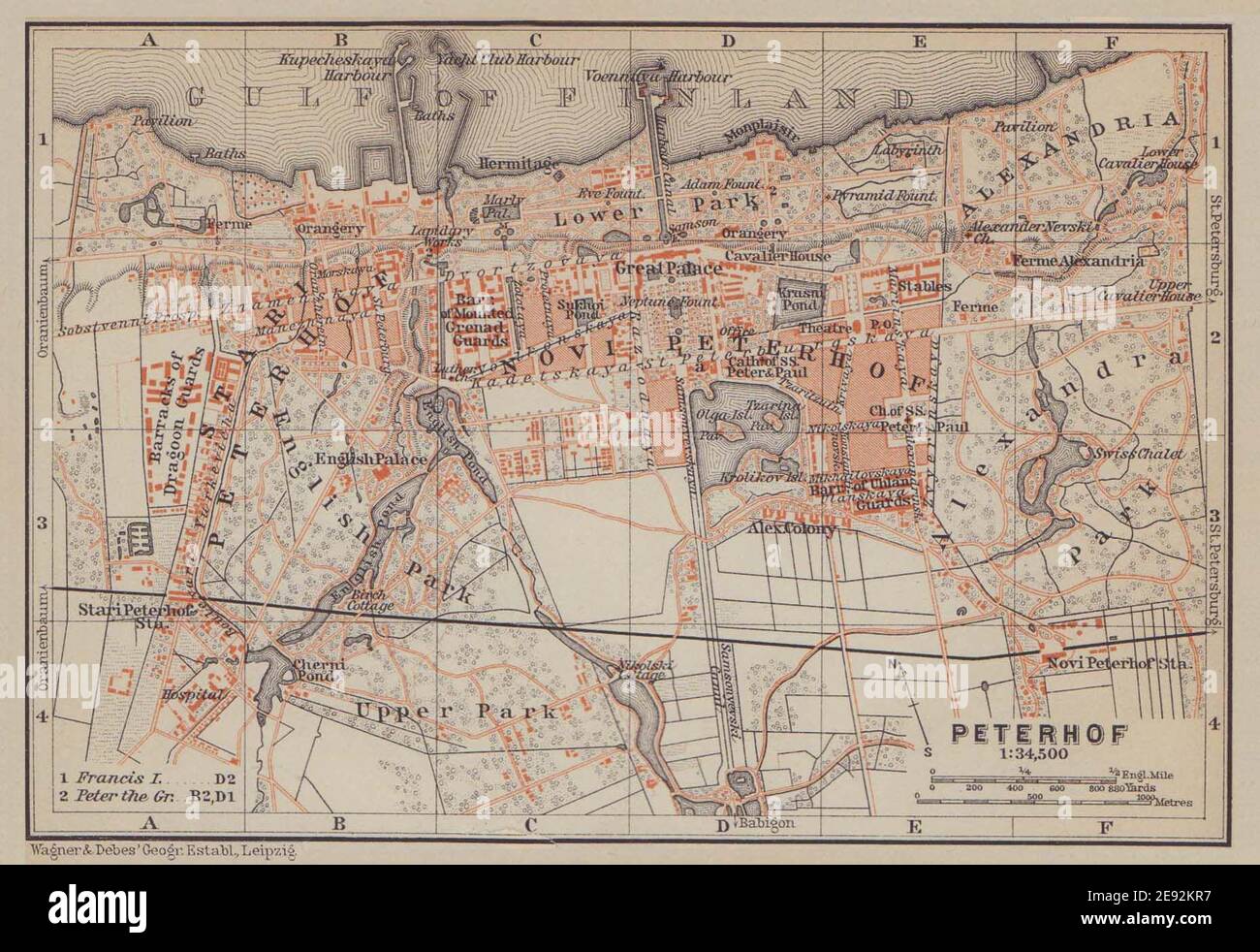 Peterhof Palace, Petergof, St Petersburg. Russia. BAEDEKER 1914 old map ...