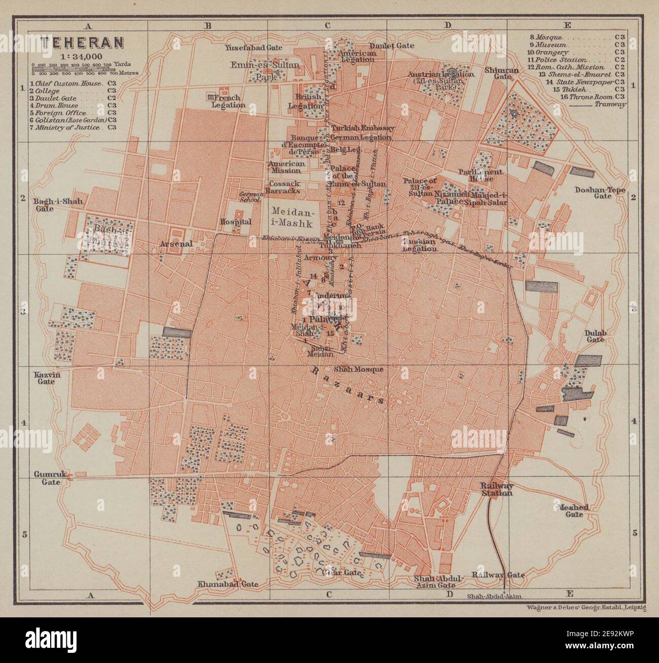 Tehran town/city plan. Iran. Teheran. BAEDEKER 1914 old antique map ...
