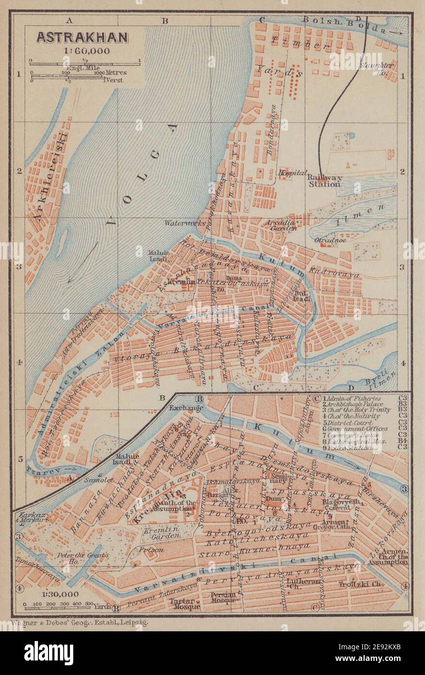 Astrakhan town/city plan. Russia. Asstrachan. BAEDEKER 1914 old antique ...