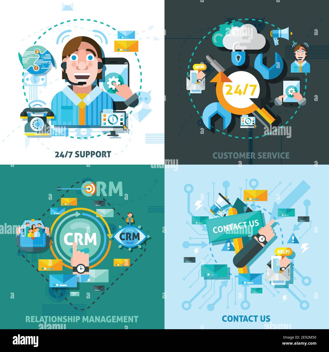 Customer support concept icons set with relationship management symbols ...
