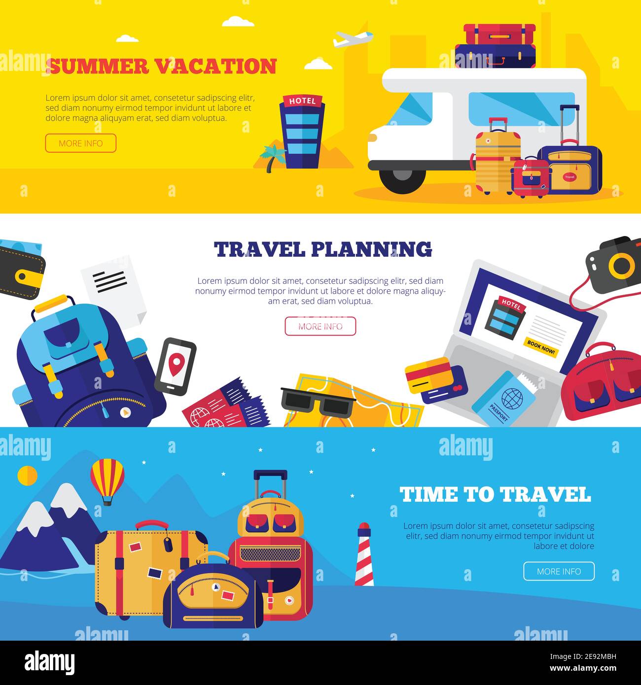 Horizontal travel banner set with various aspects of vacation vector ...