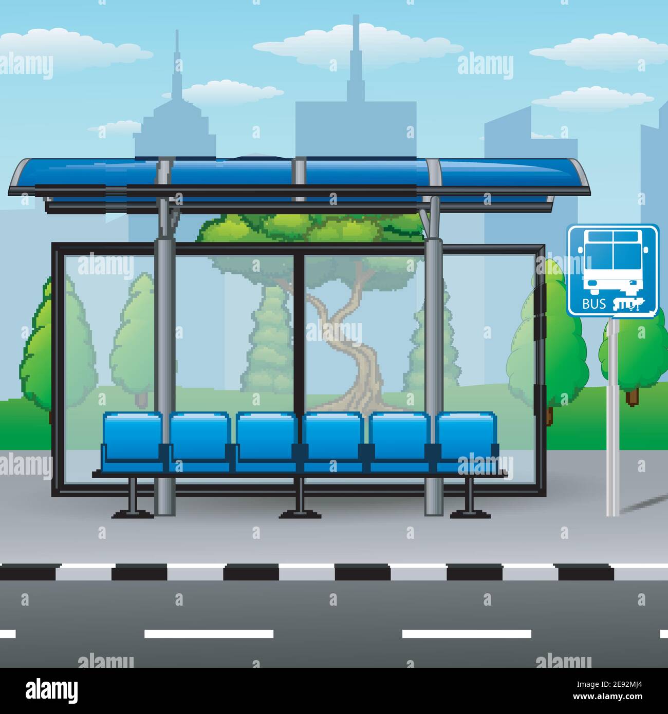 Vector illustration of Bus stop with trees on city skyline background ...