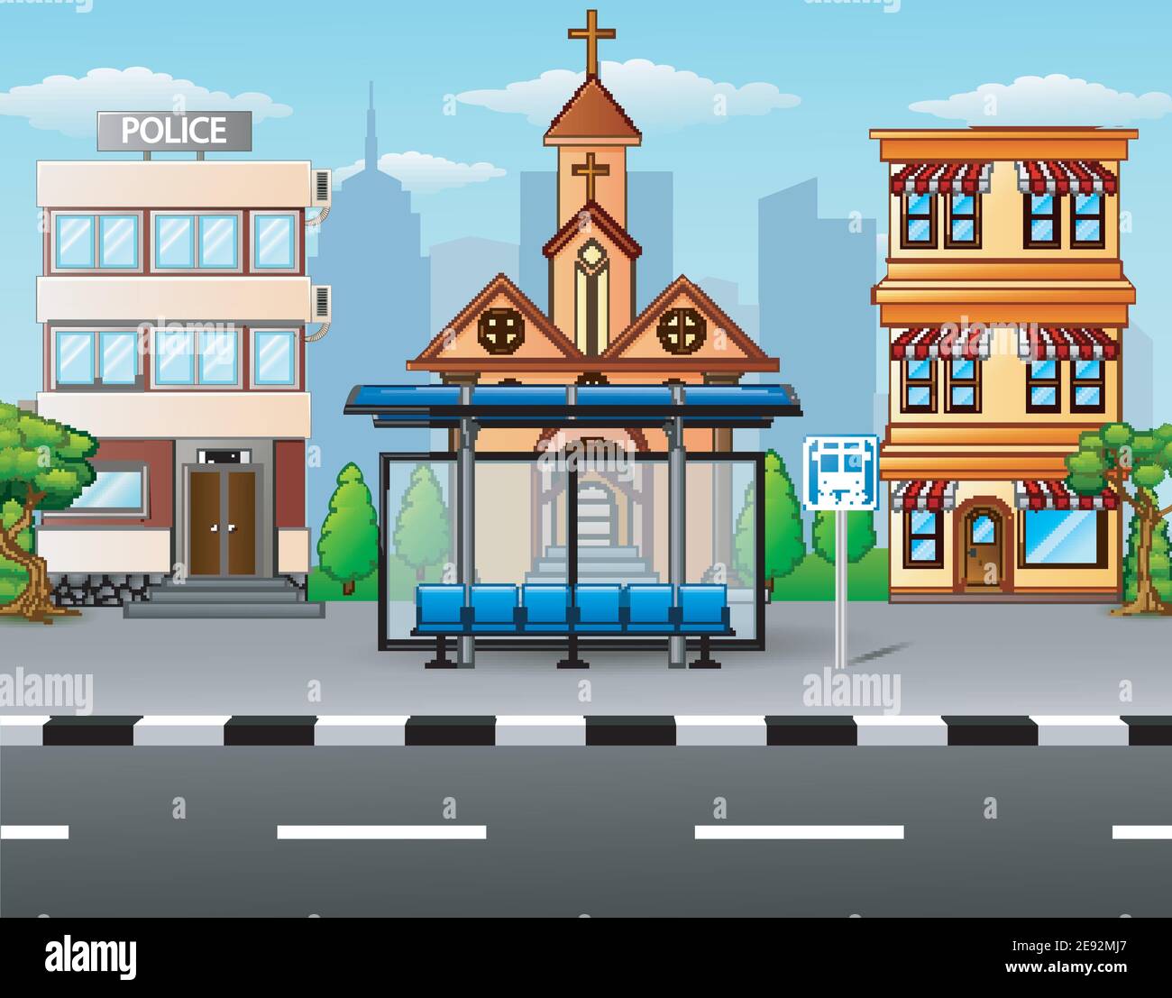 Vector illustration of City scene with bus stop and building Stock ...