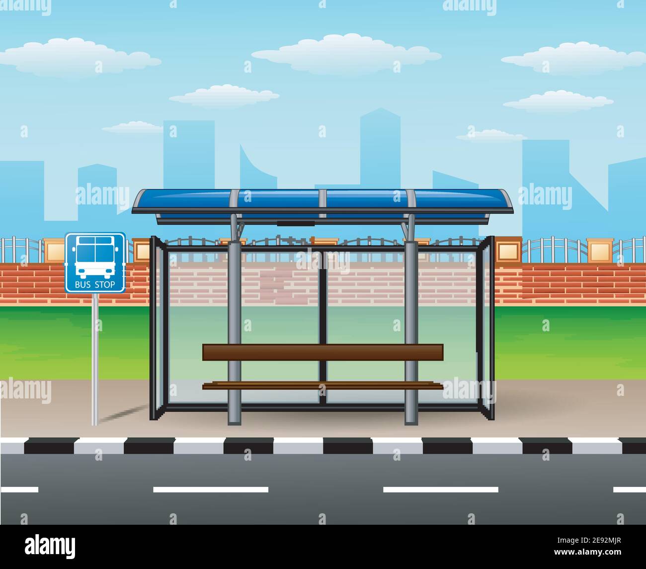Vector illustration of Bus stop with city skyline background Stock ...