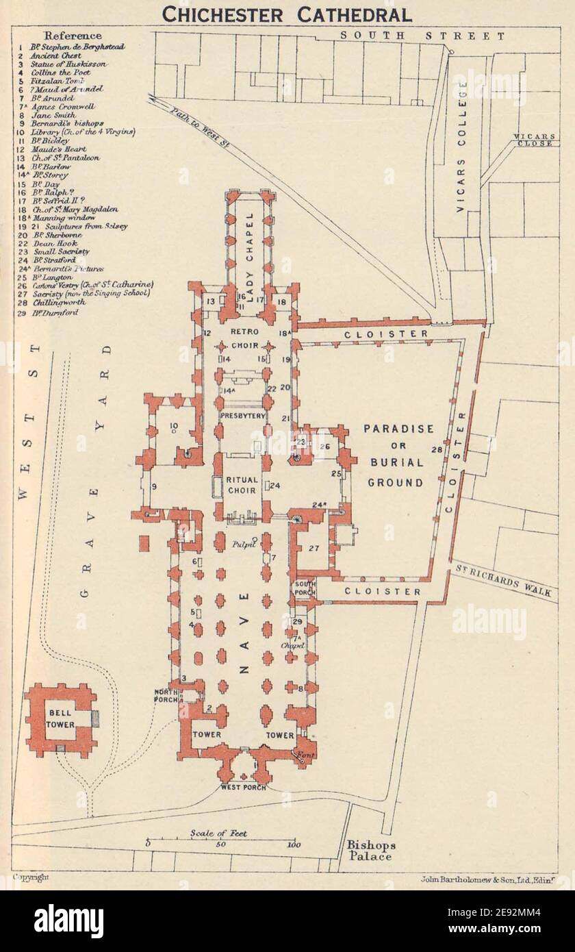 Chichester Cathedral ground floor plan. Sussex 1920 old antique map ...