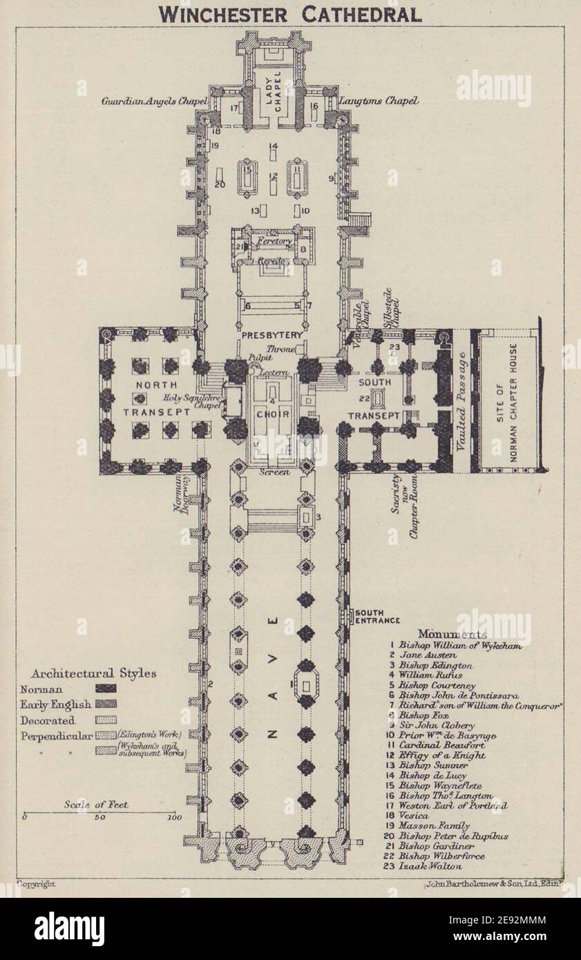 Winchester Cathedral ground floor plan. Hampshire 1920 old antique map ...