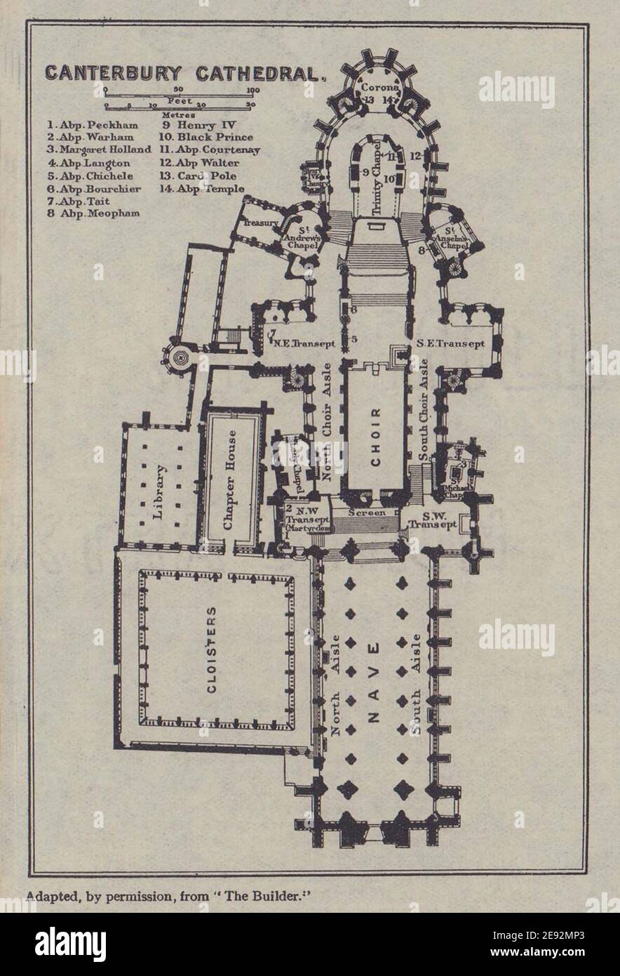 Canterbury Cathedral ground floor plan. Kent 1920 old antique map chart ...