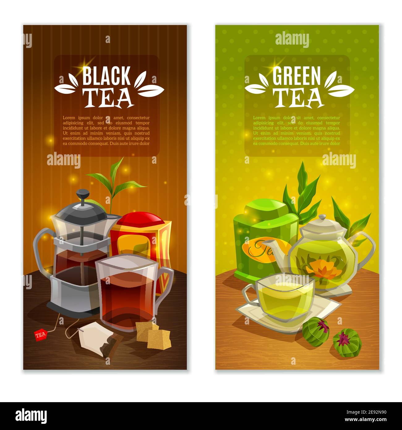 Two banners set with black and green tea on the table with accessories ...