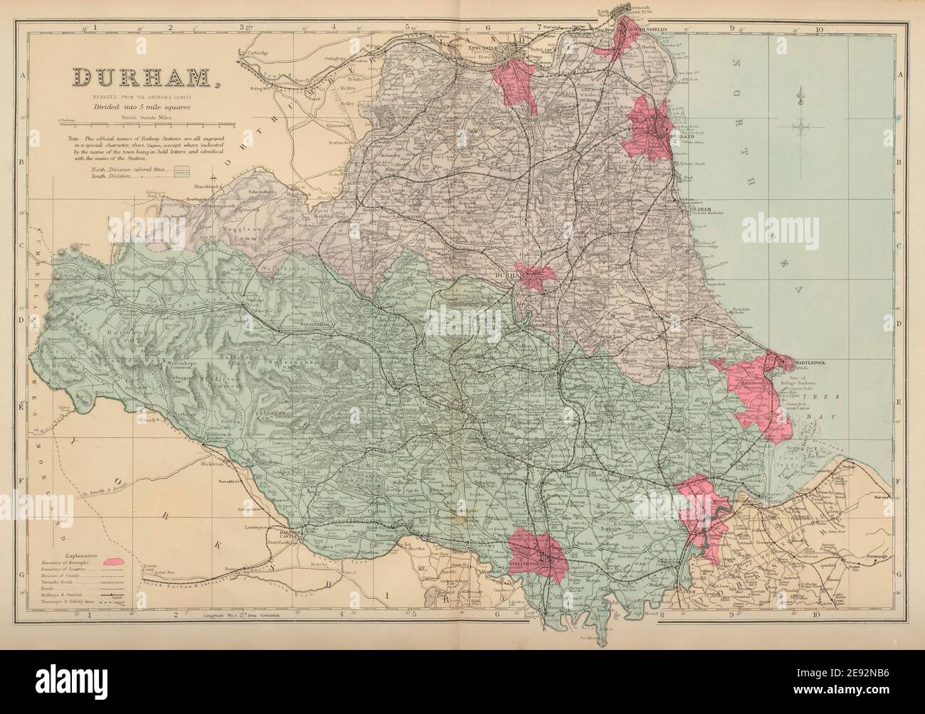 DURHAM antique county map by GW BACON 1883 old vintage plan chart Stock ...