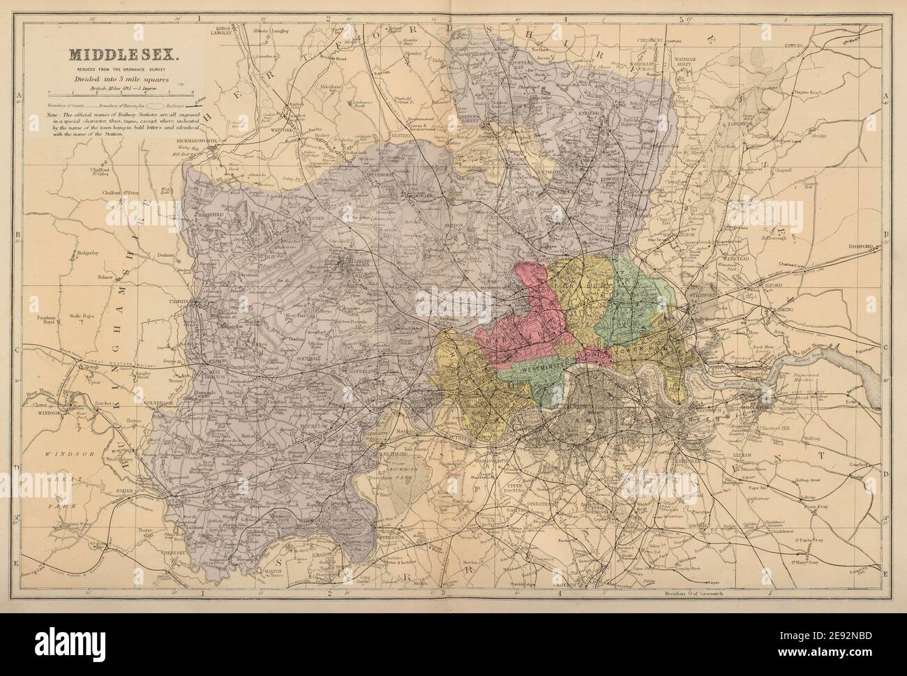 MIDDLESEX antique county map by GW BACON 1883 old plan chart Stock ...
