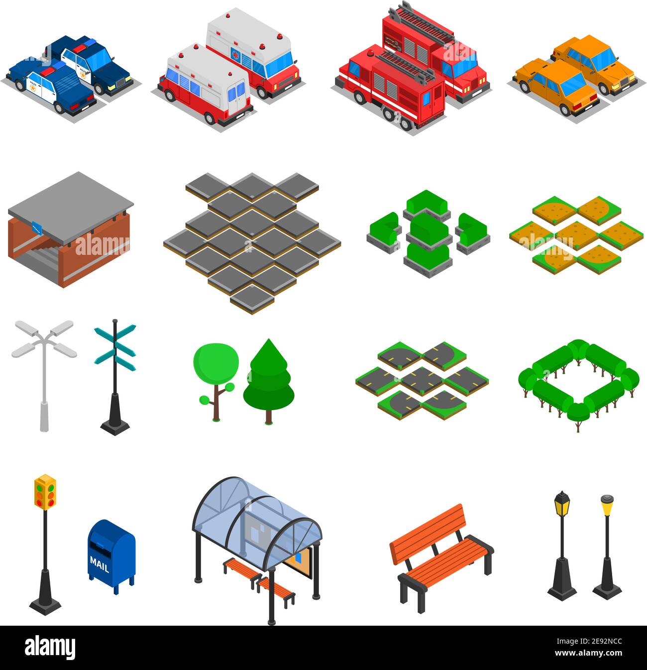 City infrastructure isometric elements set of bench pavement tile ...