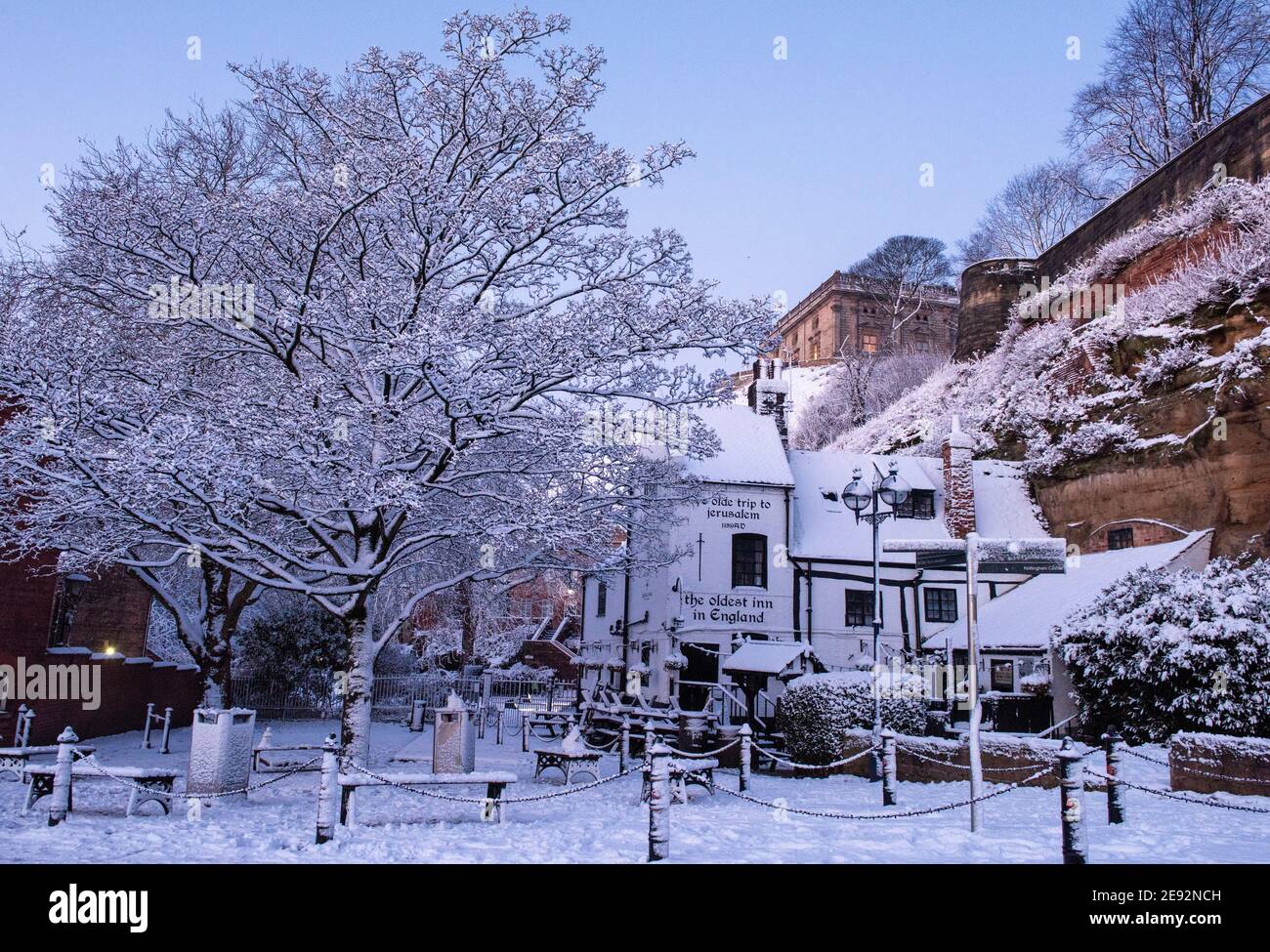 Snow at the Historic Ye Olde Trip to Jerusalem Pub in Nottingham City ...