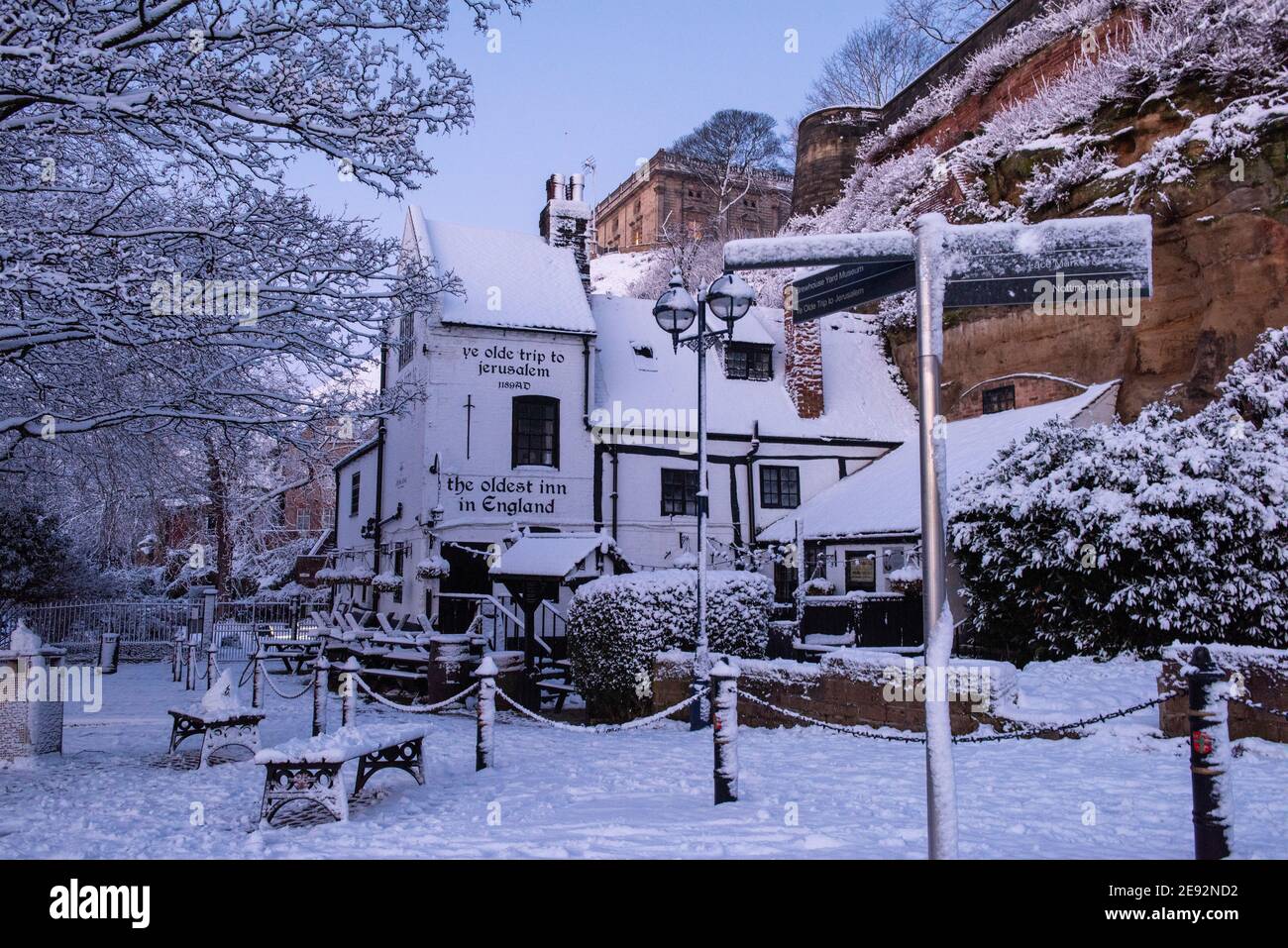 Snow at the Historic Ye Olde Trip to Jerusalem Pub in Nottingham City ...