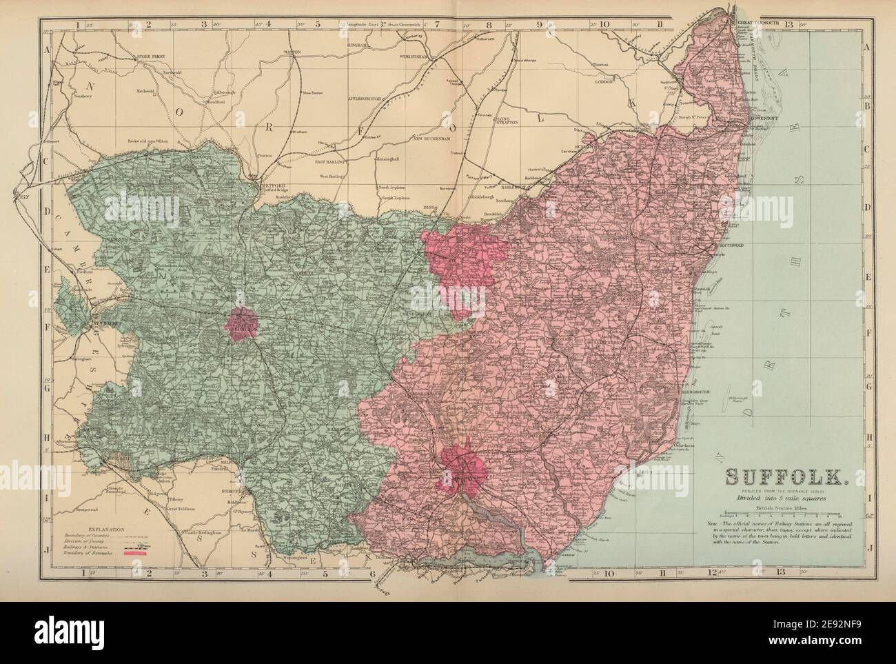 SUFFOLK antique county map by GW BACON 1883 old vintage plan chart ...