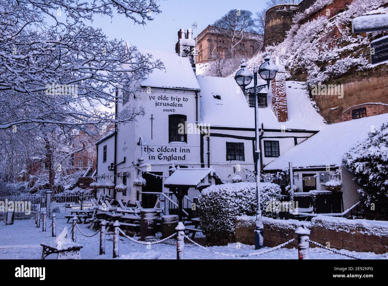 Snow at the Historic Ye Olde Trip to Jerusalem Pub in Nottingham City ...