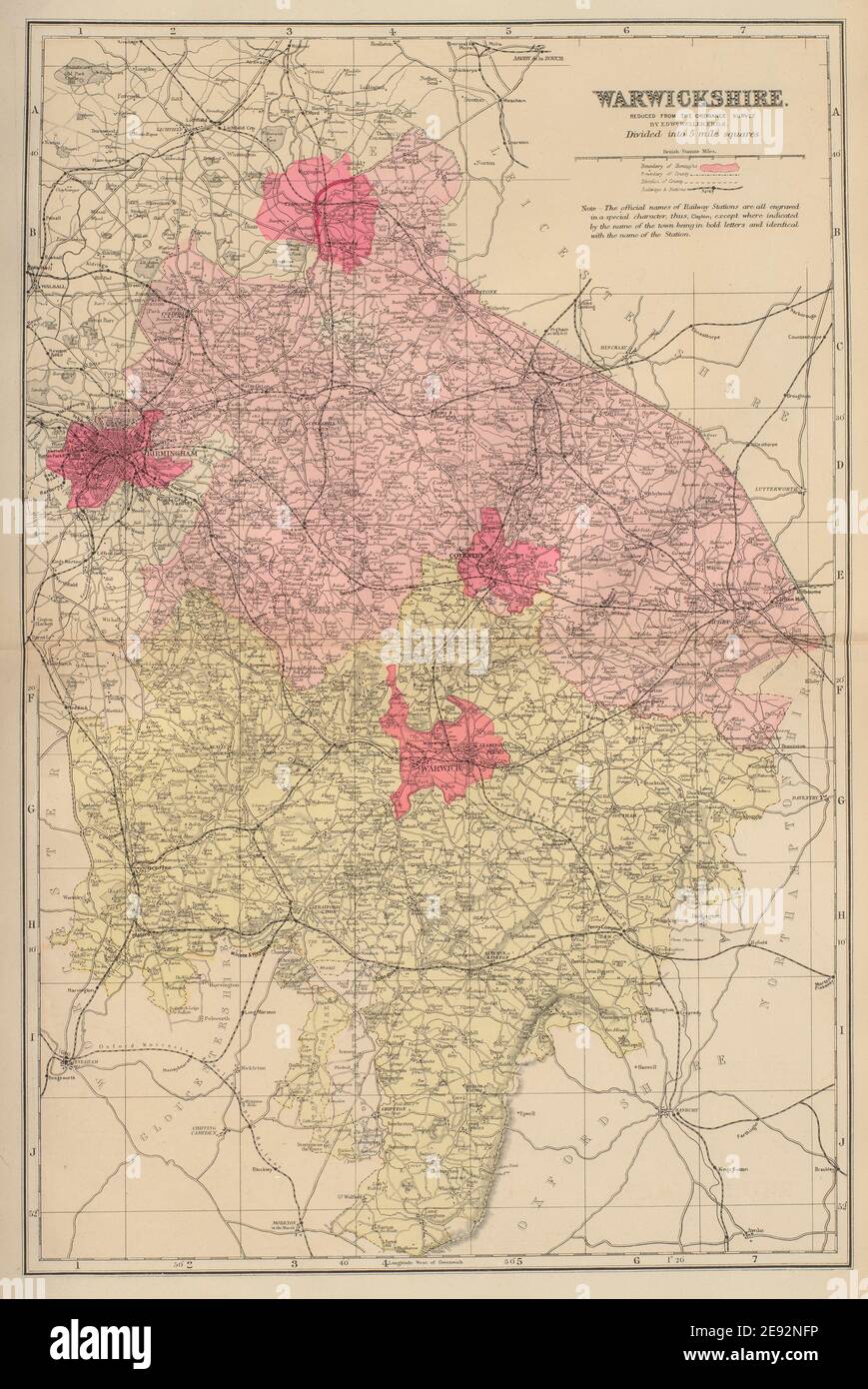 WARWICKSHIRE antique county map by GW BACON 1883 old plan chart Stock ...