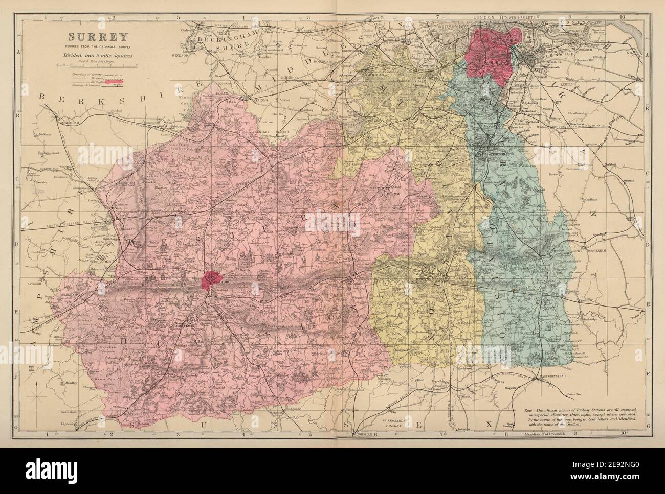 SURREY antique county map by GW BACON 1883 old vintage plan chart Stock ...