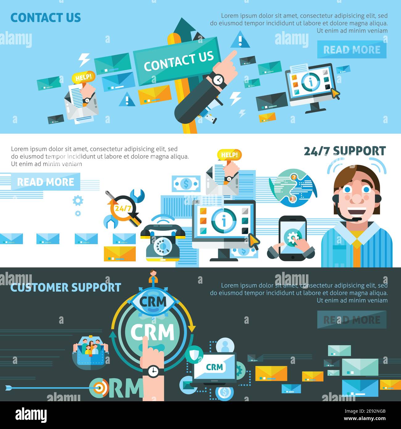 Customer support CRM horizontal banners set with communication symbols flat isolated vector ...