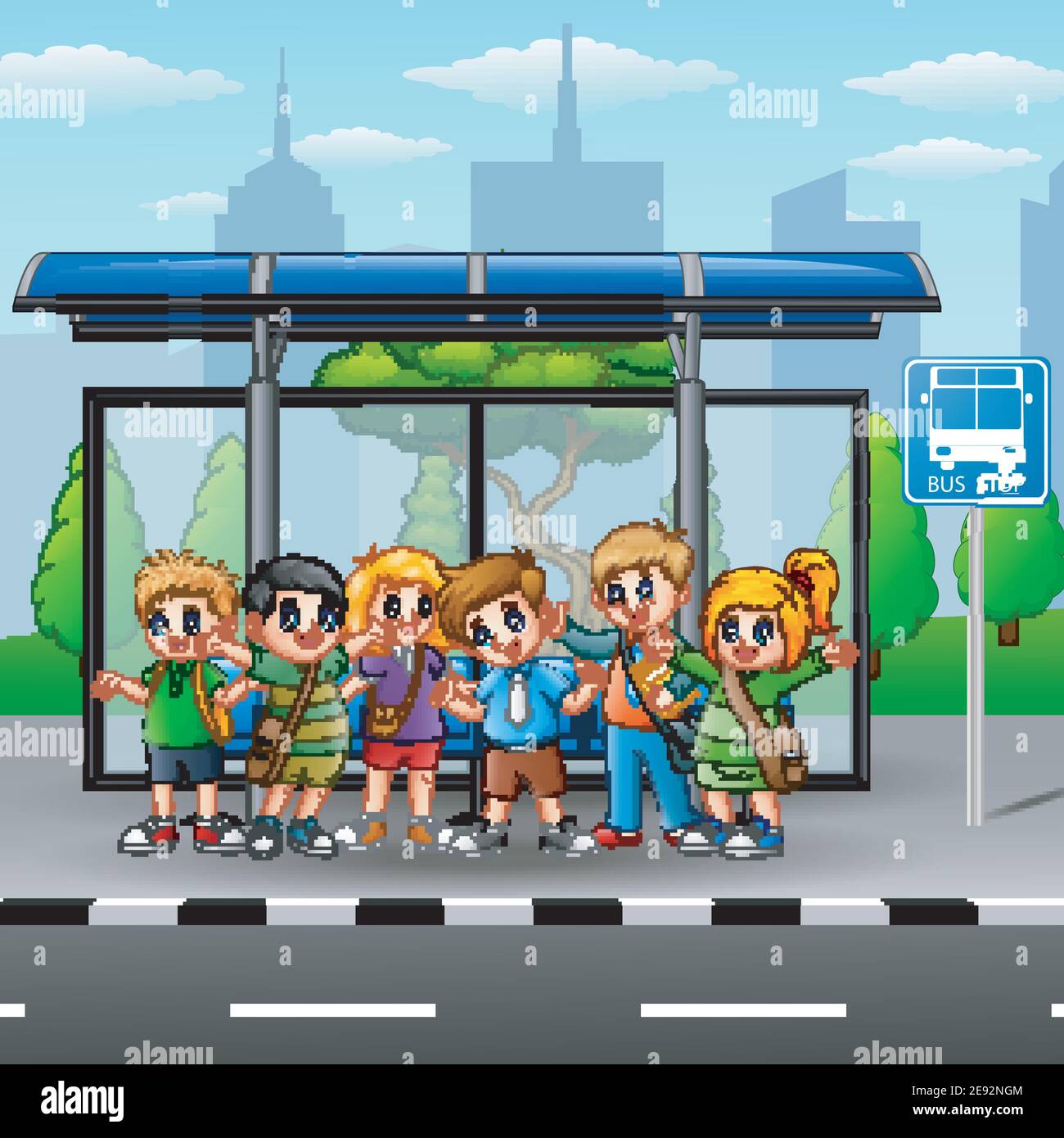 Vector illustration of Happy children in a bus stop Stock Vector Image ...