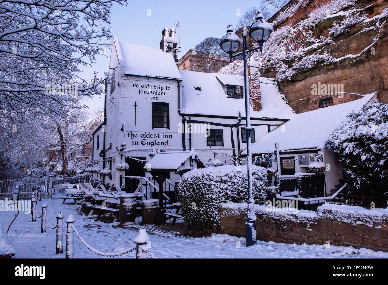 Snow at the Historic Ye Olde Trip to Jerusalem Pub in Nottingham City ...