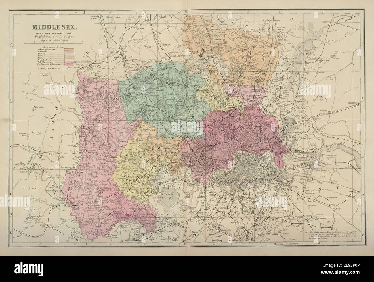 MIDDLESEX antique county map by GW BACON 1885 old plan chart Stock ...