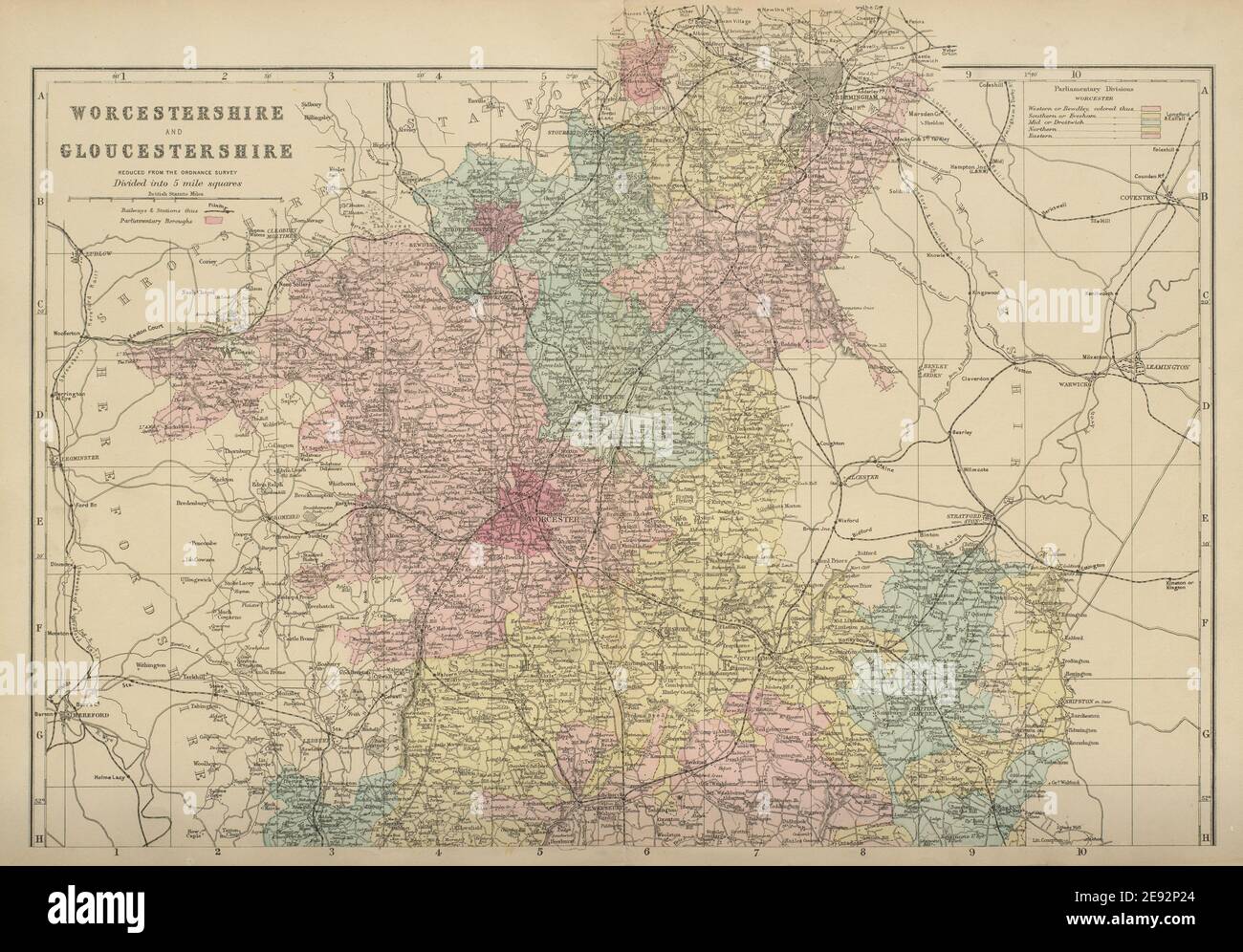 WORCESTERSHIRE & GLOUCESTERSHIRE (North) antique county map by GW BACON ...