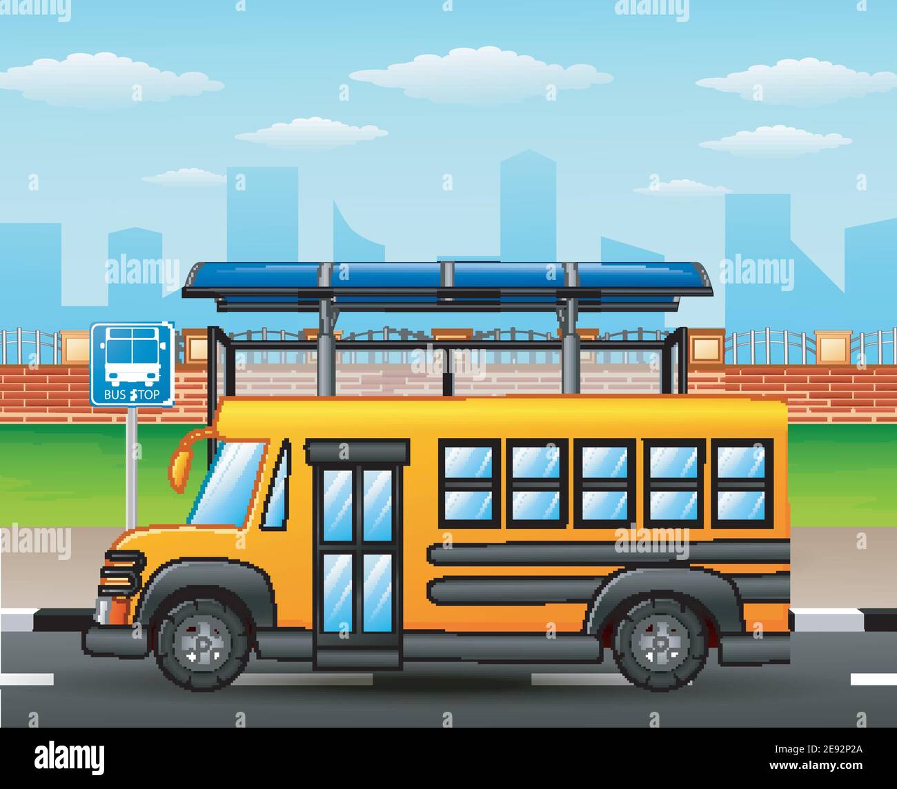 Vector illustration of School bus on city skyline background Stock ...