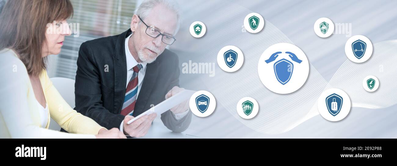 Concept of insurance with agent advising female client Stock Photo - Alamy