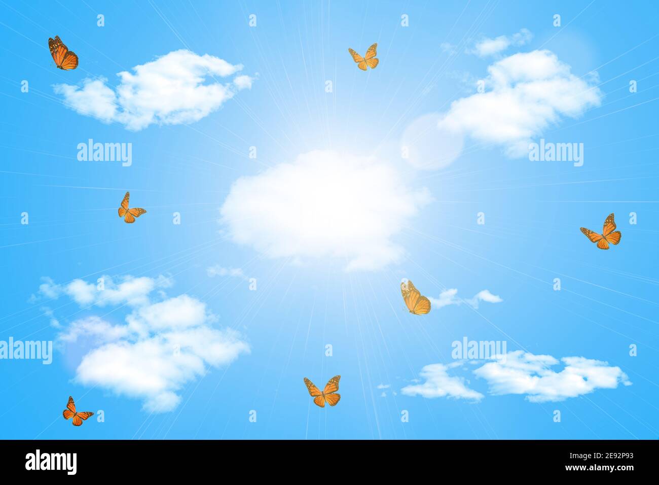 blue sky with clouds and sun through which butterflies fly. High ...