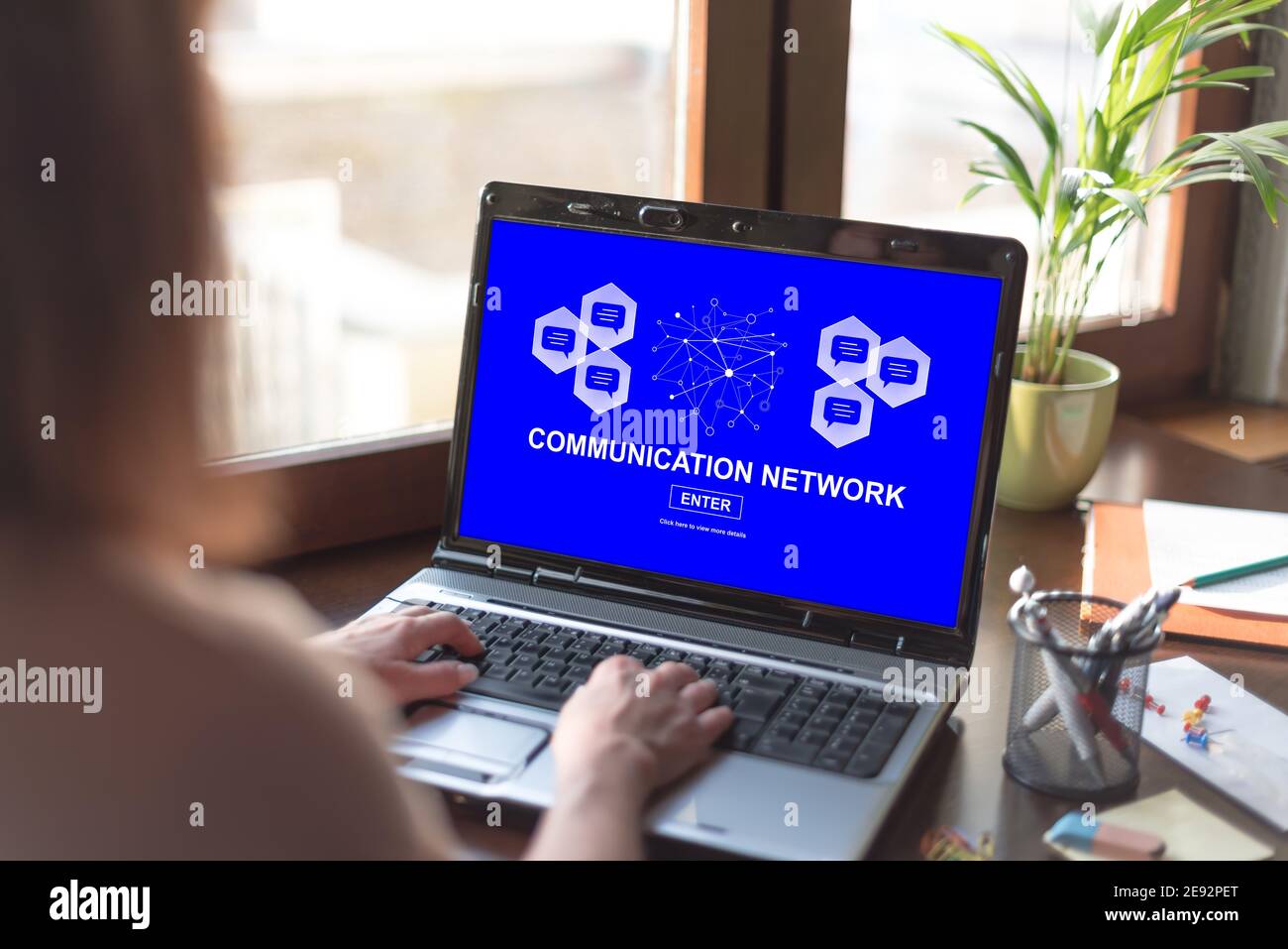 Laptop screen displaying a communication network concept Stock Photo ...
