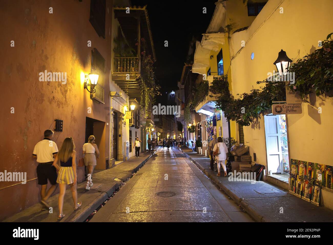 The vintage street in Cartagena at night, Colombia, South America Stock ...