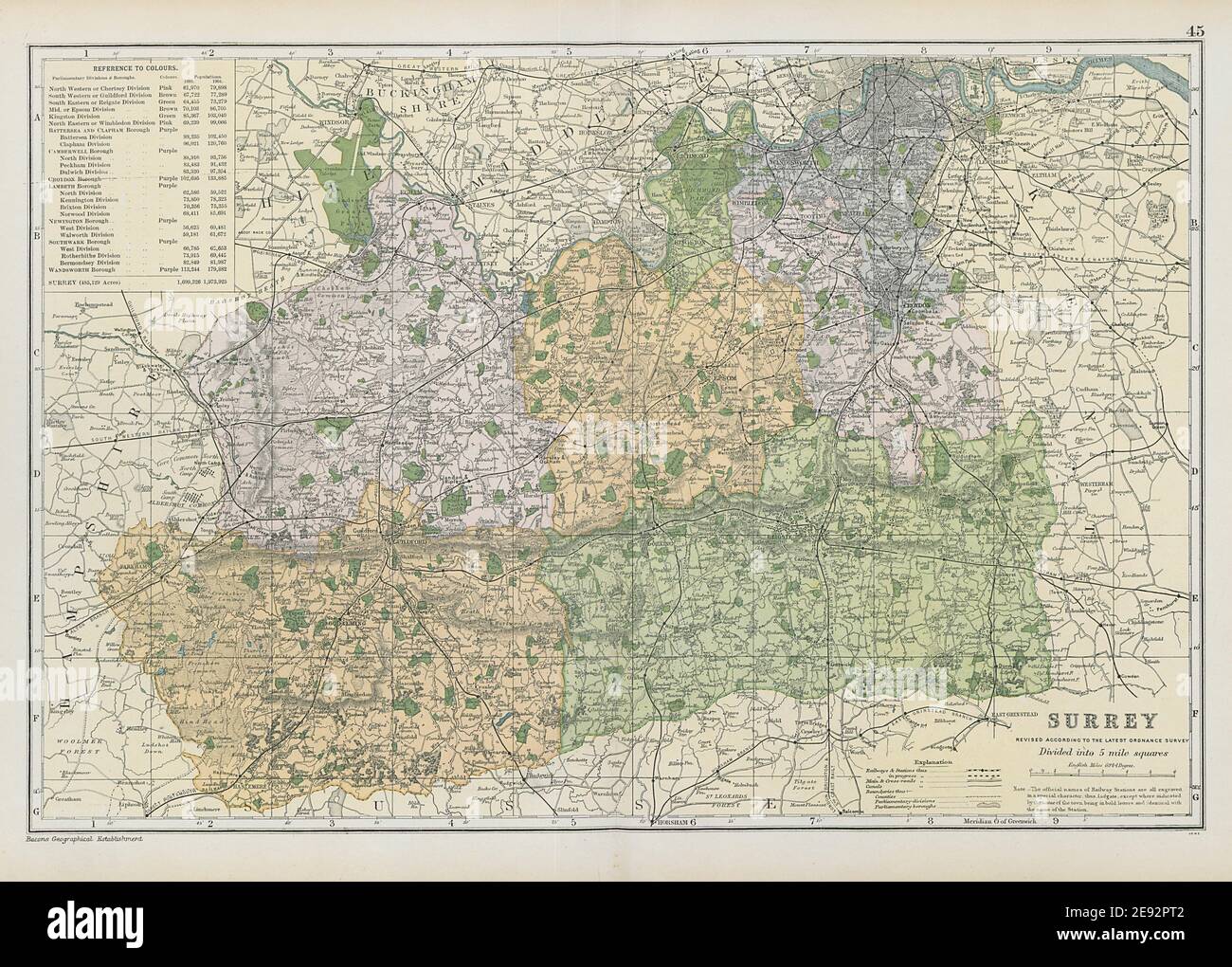 SURREY county map. Parliamentary constituencies divisions. Railways ...