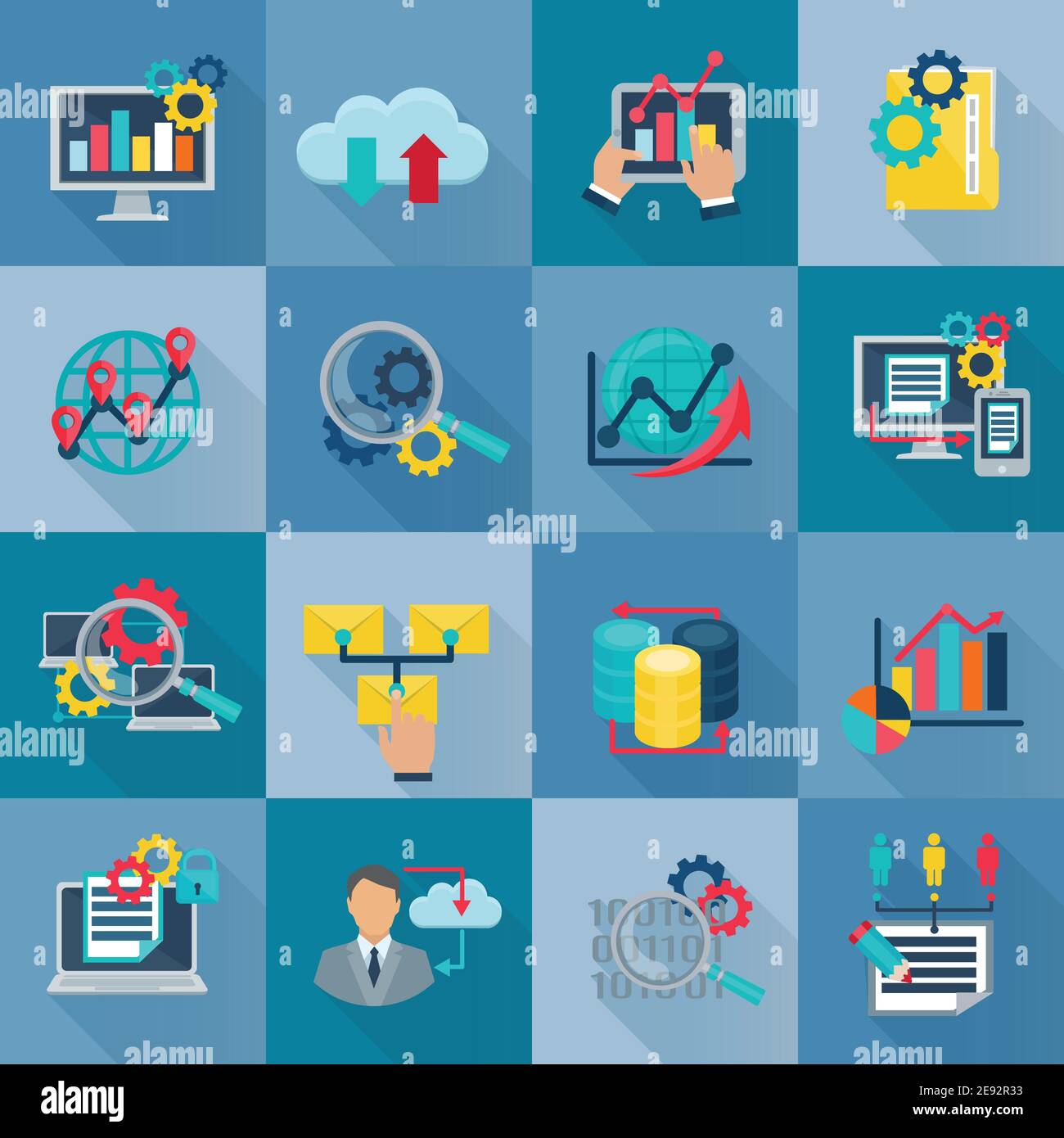 Big data analytics flat icons set with international teamwork ...