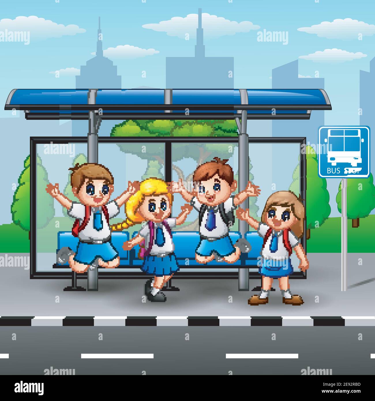 Vector illustration of Happy students at the bus stop Stock Vector ...