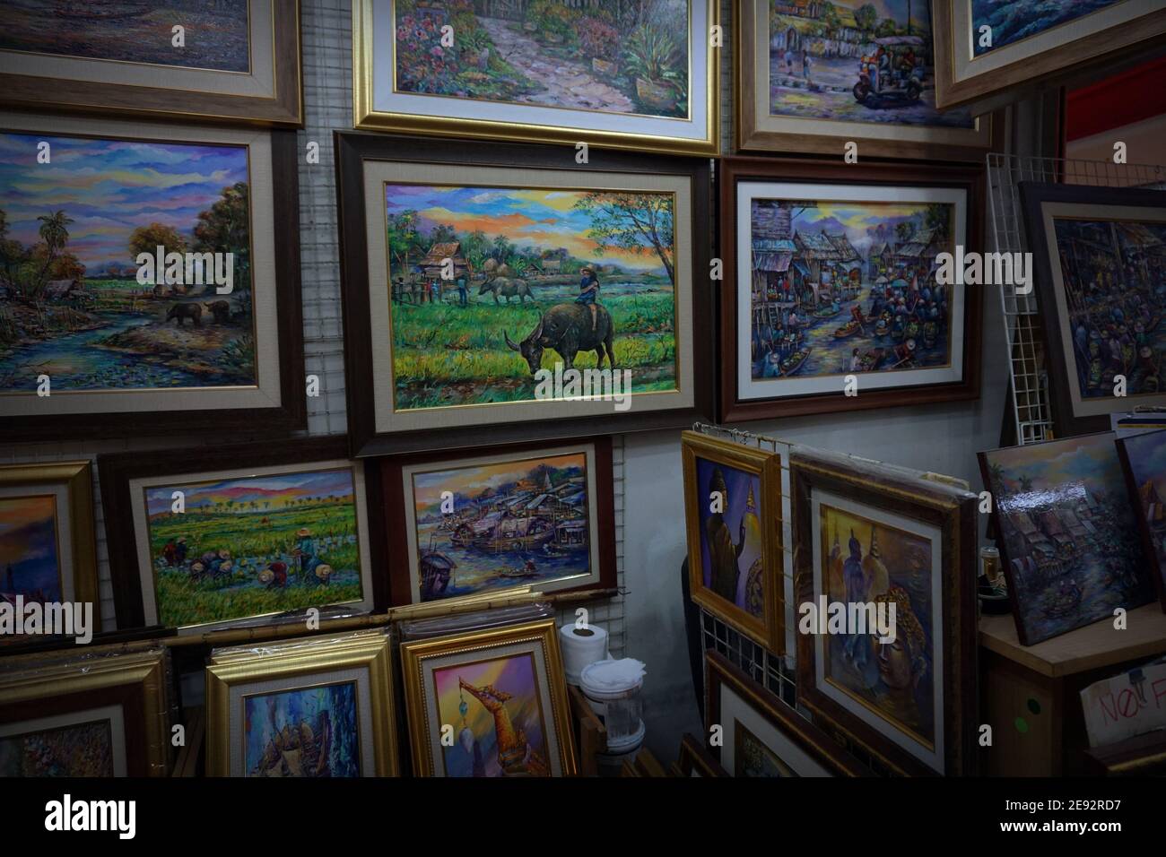 Frames and oil paintings at gallery from Thailand Stock Photo - Alamy