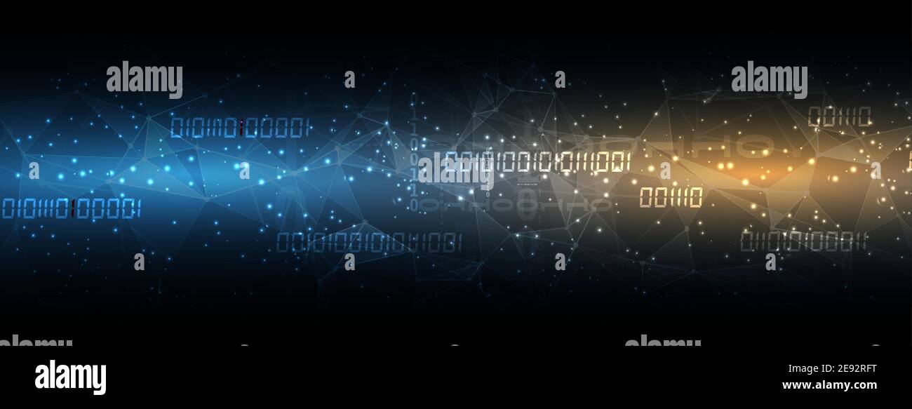 Bytes of binary code run through network. Abstract futuristic ...