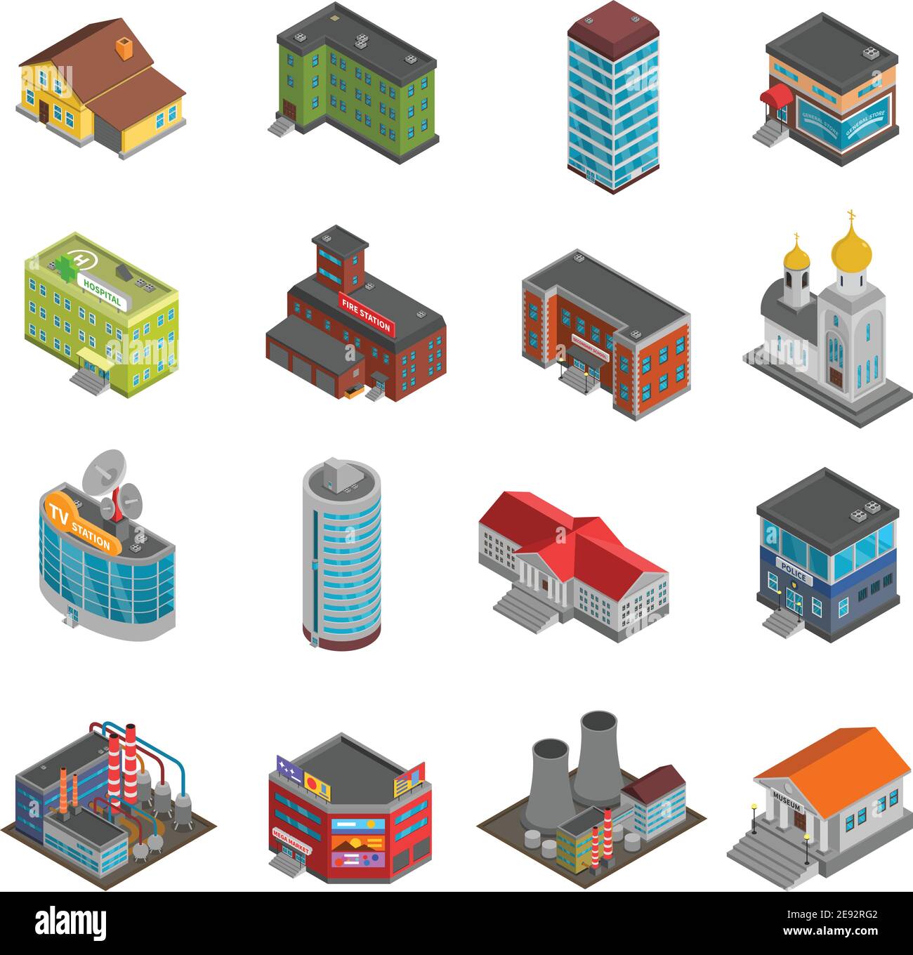 City buildings isometric icons set of colorful houses of different form ...